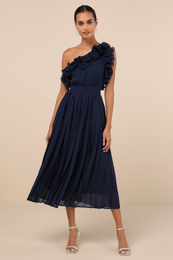 Navy Ruffled Dress - One-Shoulder Midi Dress - Backless Dress - Lulus