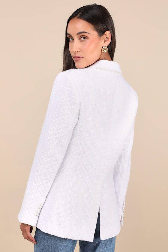 White Tweed Pearl Blazer - Double Breasted Blazer - Long Blazer - Lulus