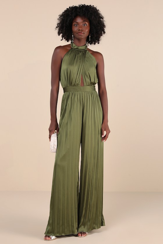 Olive Green Jumpsuit - Satin Pleated Jumpsuit - Halter Jumpsuit - Lulus