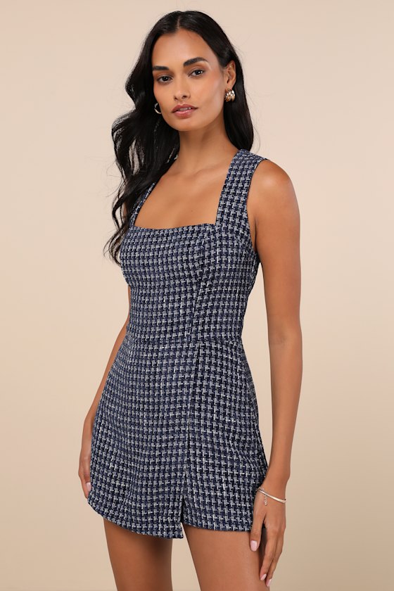 Blue Tweed Romper - Tweed Skort Romper - Sleeveless Skort Romper - Lulus