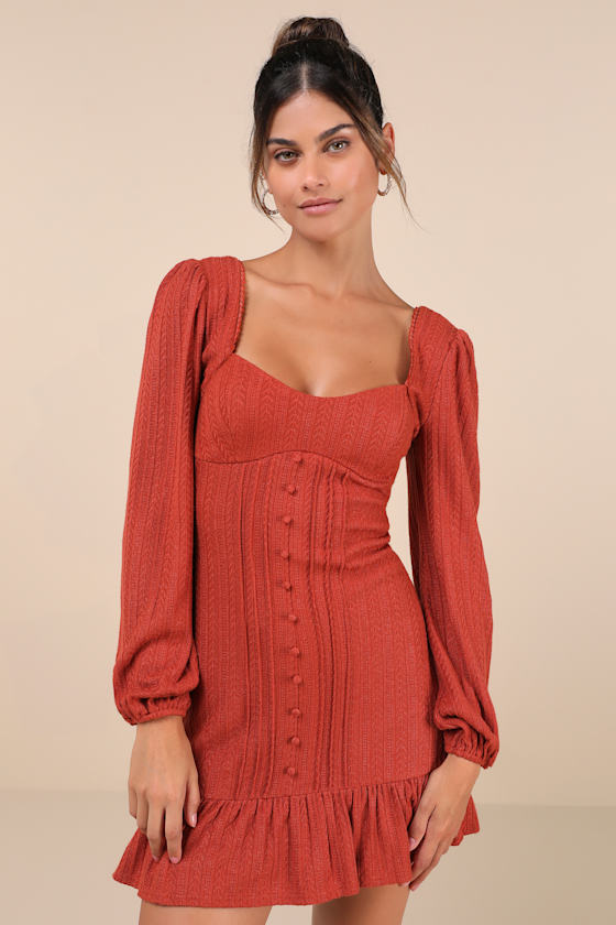 Rust Mini Dress - Rust Pointelle Knit Dress - Ruffled Mini Hem - Lulus