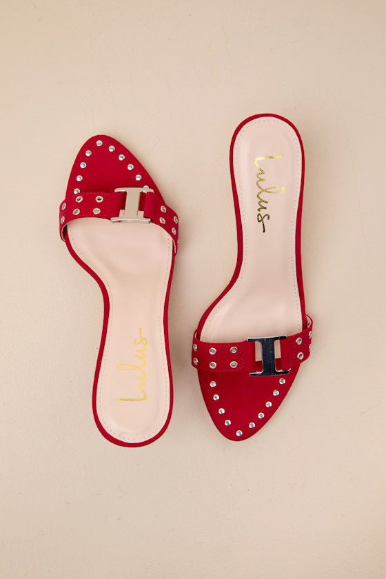 Red Suede Slide Sandals - Low Heel Sandals - Studded Buckle Heels - Lulus