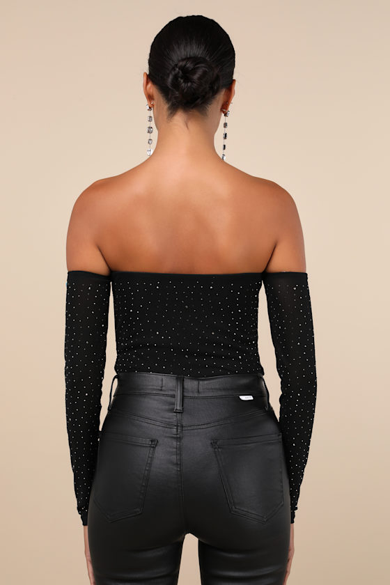 Black OTS Bodysuit - Mesh Rhinestone Top - Long Sleeve Bodysuit - Lulus
