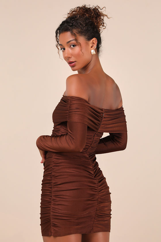 Brown Off-The-Shoulder Dress - Ruched Dress - Bodycon Mini Dress - Lulus