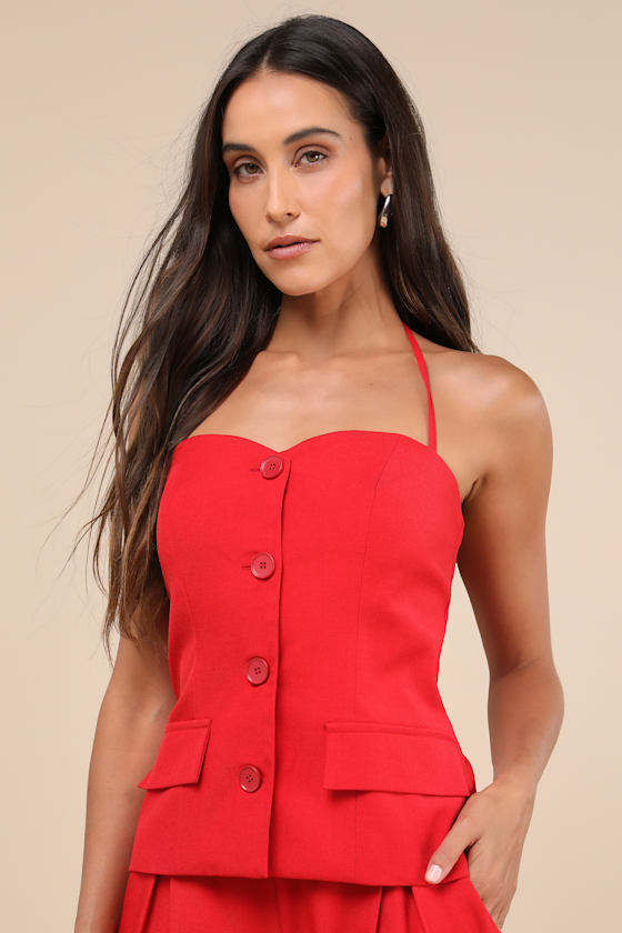 extro&vert Anastasia Top - Red Halter Top - Button-Front Top - Lulus