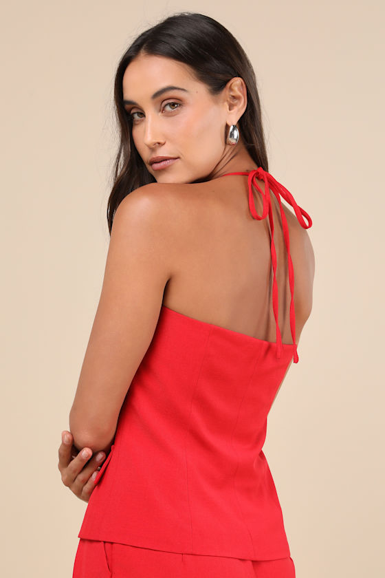 extro&vert Anastasia Top - Red Halter Top - Button-Front Top - Lulus