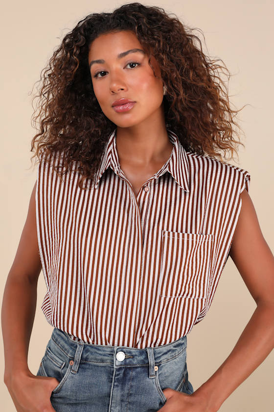 ASTR the Label Elswyth - Brown Striped Top - Sleeveless Button-Up - Lulus