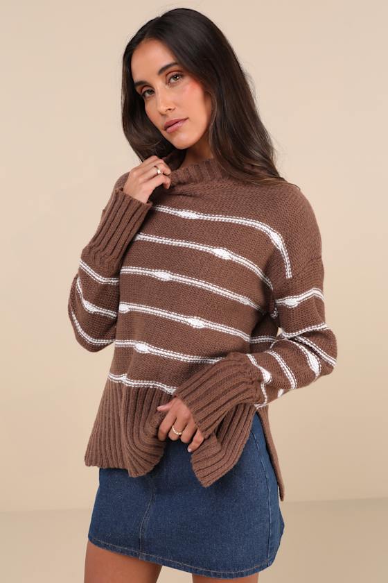 Brown Striped Sweater - Mock Neck Sweater - Pullover Sweater - Lulus