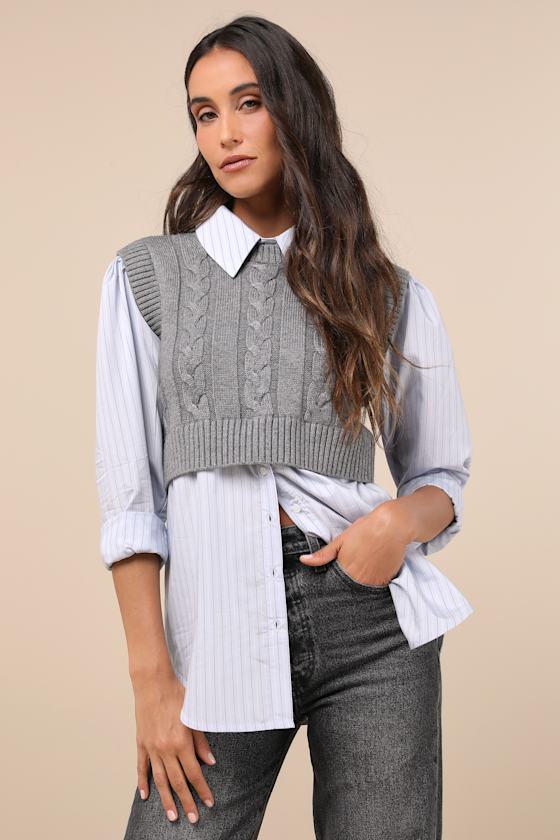 ASTR the Label Flannery - Blue & Grey Button-Up - Vest Button-Up - Lulus