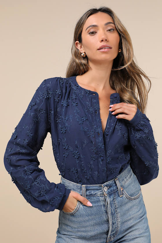 Navy Blue Embroidered Top - Balloon Sleeve Top - Button-Up Top - Lulus