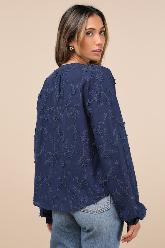 Navy Blue Embroidered Top - Balloon Sleeve Top - Button-Up Top - Lulus