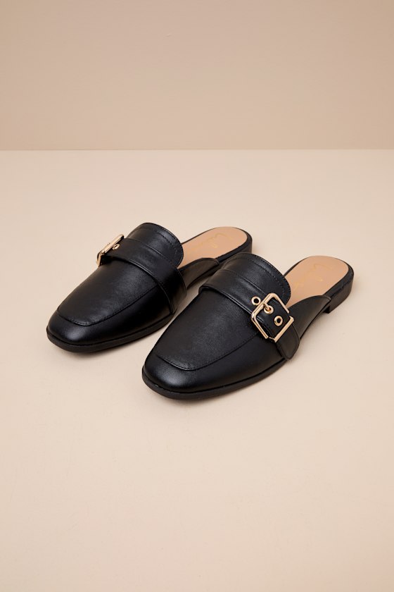 Black Mule Slides - Faux Leather Mule Slides - Buckle Mule Slides - Lulus