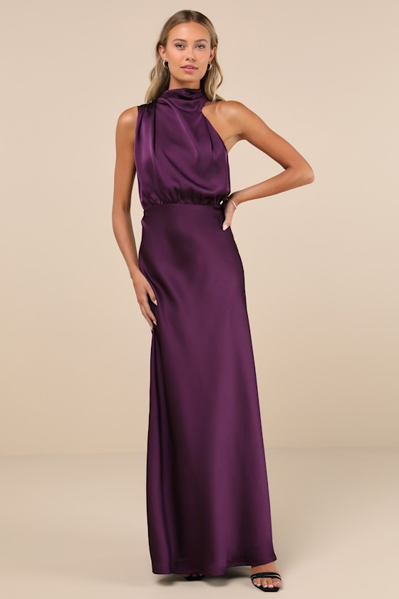 Purple Satin Dress - Asymmetrical Gown - Mock Neck Dress - Lulus