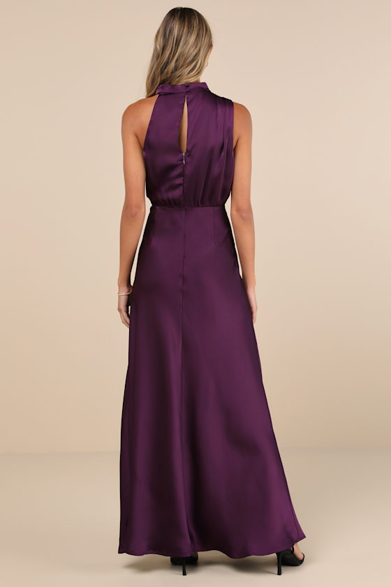 Purple Satin Dress - Asymmetrical Gown - Mock Neck Dress - Lulus