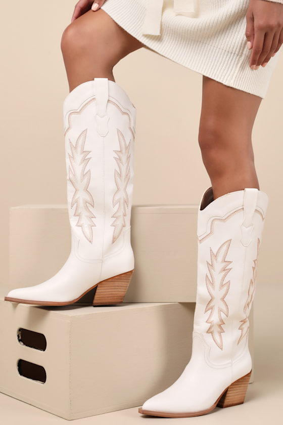 White Western Boots - Knee-High Boots - Embroidered Western Boots - Lulus