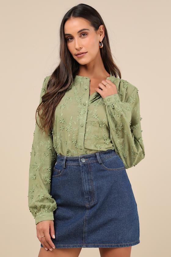 Green Embroidered Top - Balloon Sleeve Top - Button-Up Top - Lulus