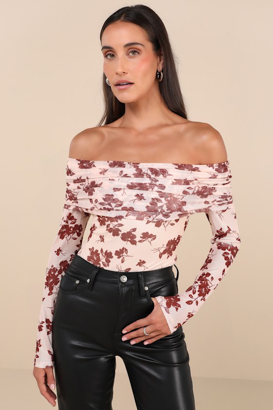 Beige Floral Bodysuit - Mesh OTS Bodysuit - Long Sleeve Bodysuit - Lulus