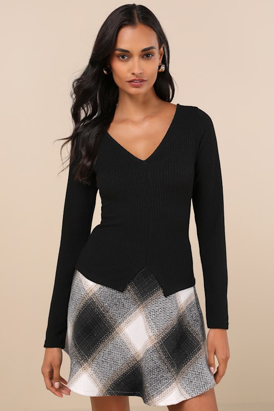 Black Textured Top - Long Sleeve Notched Top - Black V-Neck Top - Lulus