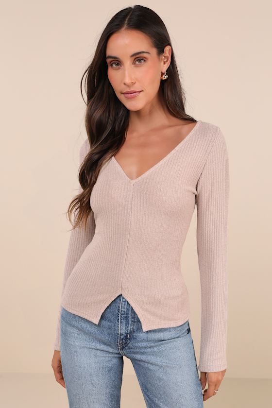 Beige Textured Ribbed Top - Long Sleeve Notched Top - V-Neck Top - Lulus