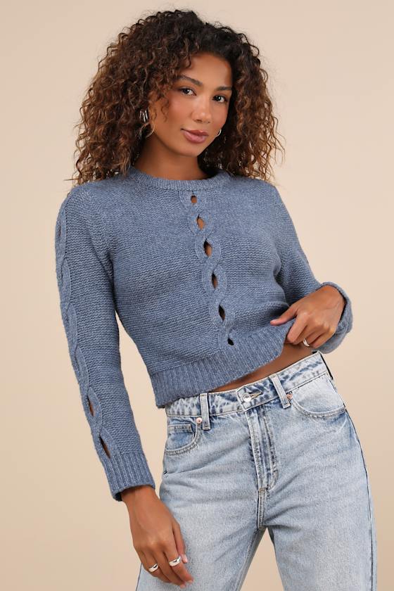 Heather Slate Blue Sweater - Cable Knit Cutout Sweater - Sweater - Lulus
