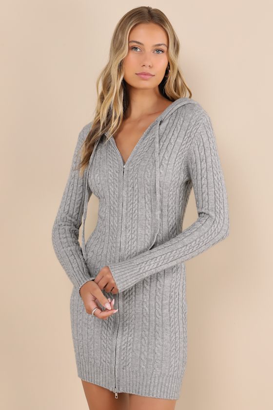Grey Sweater Dress - Zip-Front Sweater Dress - Hooded Mini Dress - Lulus
