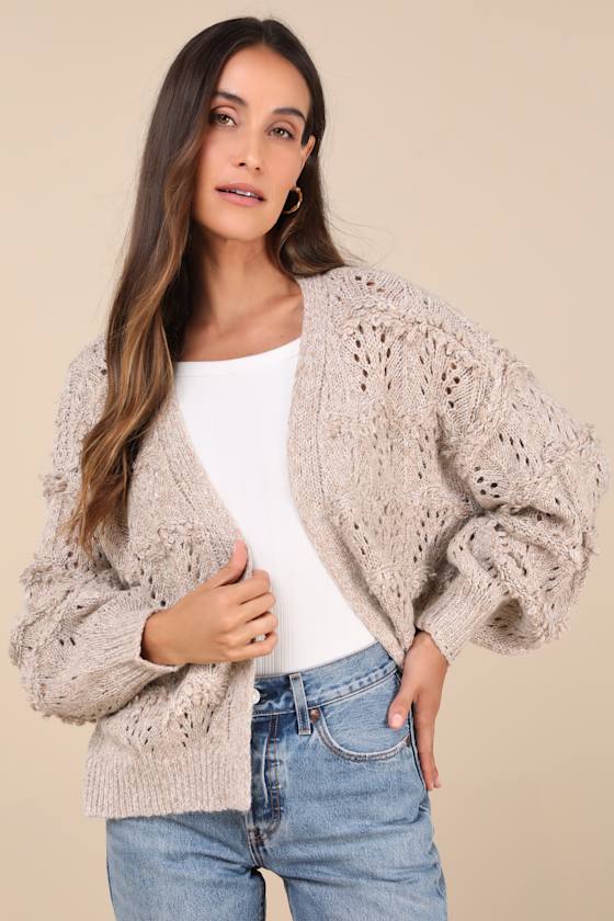 Taupe Textured Sweater - Balloon Sleeve Cardi - Cardigan Sweater - Lulus