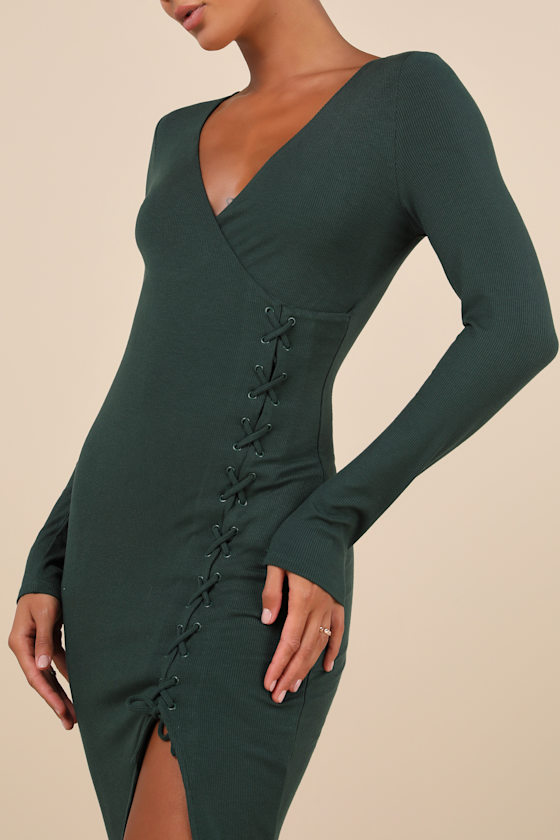 Green Ribbed Dress - Jersey Knit Dress - Lace-Up Midi Dress - Lulus