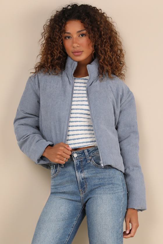 Slate Blue Cropped Jacket - Puffy Corduroy Jacket - Puffer Jacket - Lulus