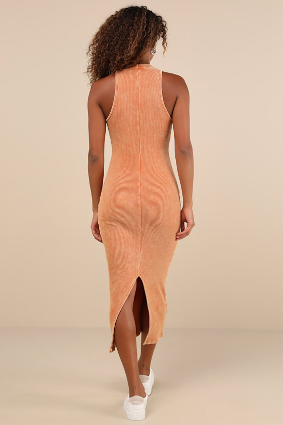 Washed Orange Ribbed Dress - Mock Neck Dress - Sleeveless Dress - Lulus