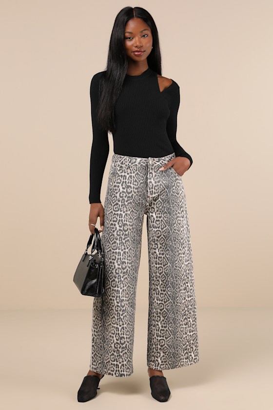 Beige Faded Leopard Print Jeans - Wide-Leg Pants - Baggy Jeans - Lulus