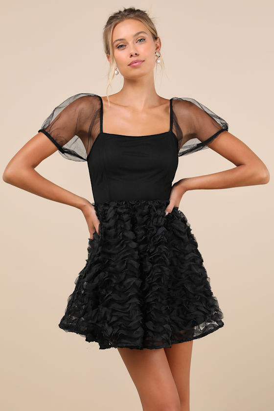 Black Mesh Dress - Ruffled Short Sleeve Dress - Mesh Mini Dress - Lulus