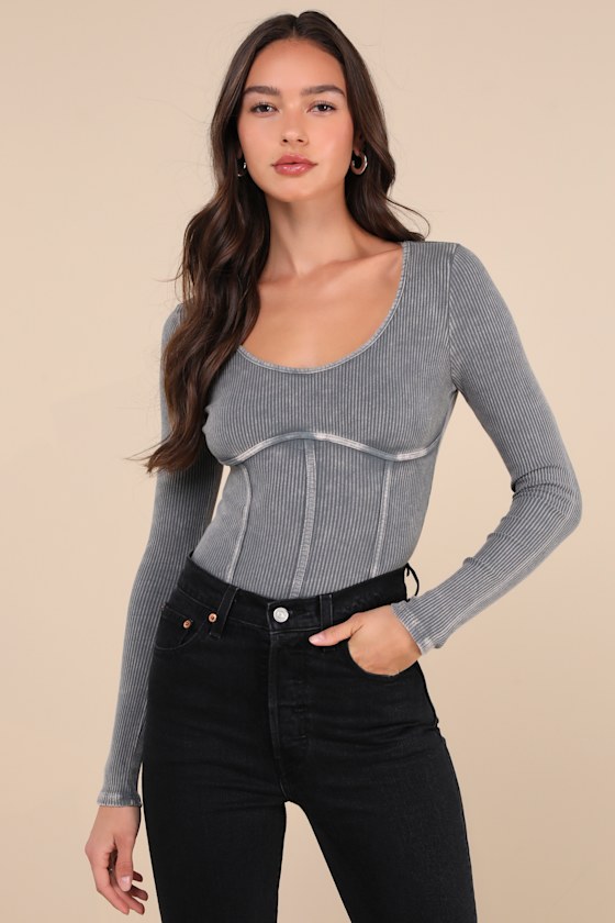 Washed Grey Top - Long Sleeve Top - Ribbed Knit Top - Corset Top - Lulus