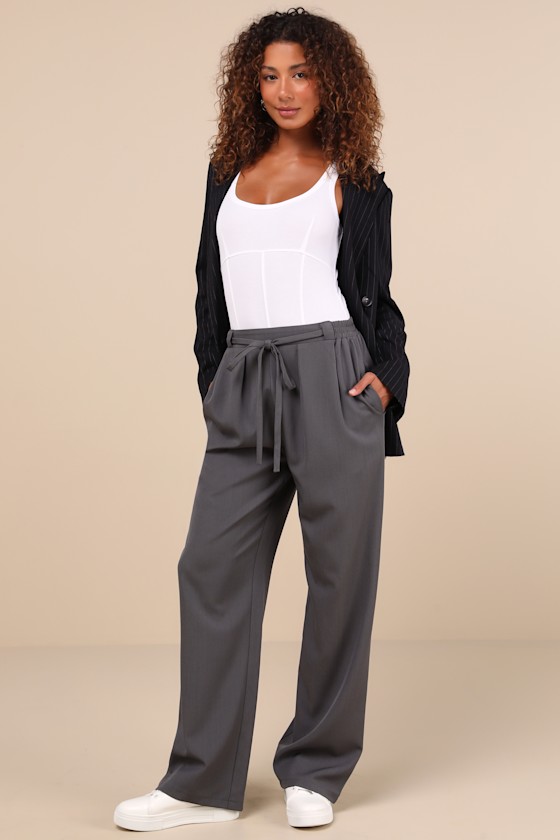 Charcoal Grey Twill Pants - Wide-Leg Pants - High-Waisted Pants - Lulus