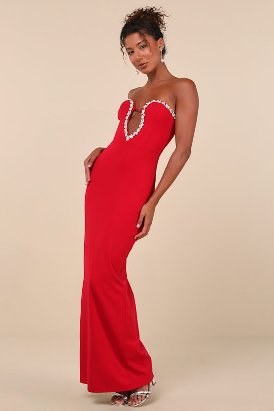 Red Cutout Dress -Rhinestone Trim Dress - Strapless Maxi Dress - Lulus