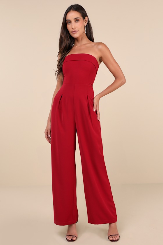 Dark Red Twill Jumpsuit - Strapless Jumpsuit - Wide-Leg Jumpsuit - Lulus