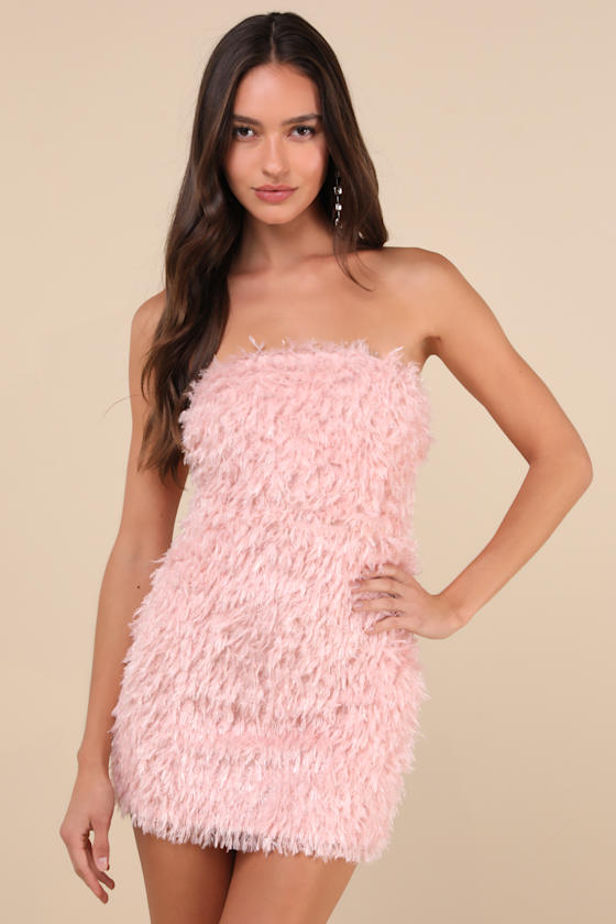 Light Pink Mini Dress - Sparkly Fringe Dress - Strapless Dress - Lulus