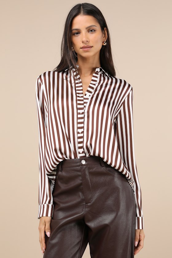 Brown and White Striped Top - Satin Button-Up Top - Women's Top - Lulus