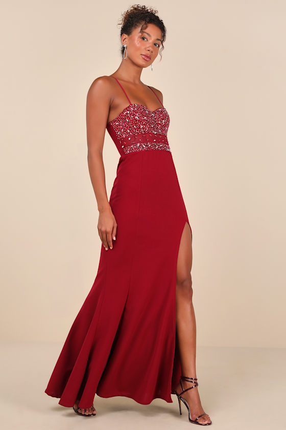 Wine Red Rhinestone Dress Beaded Dress Bustier Maxi Dress Lulus