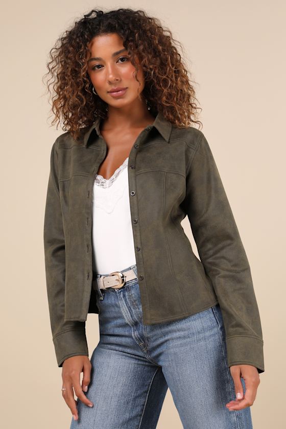 Olive Green Collared Top - Distressed Suede Top - Button-Up Top - Lulus