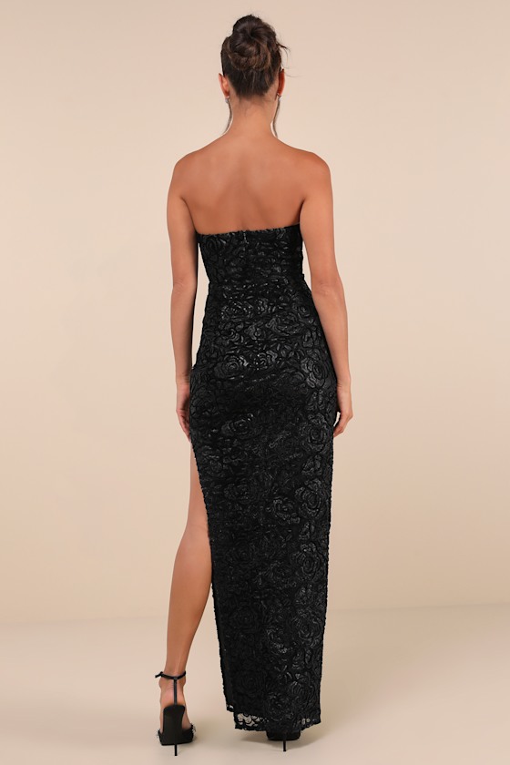 Lulus Stately Aura Black Mesh Velvet Strapless Bustier Maxi Dress ...
