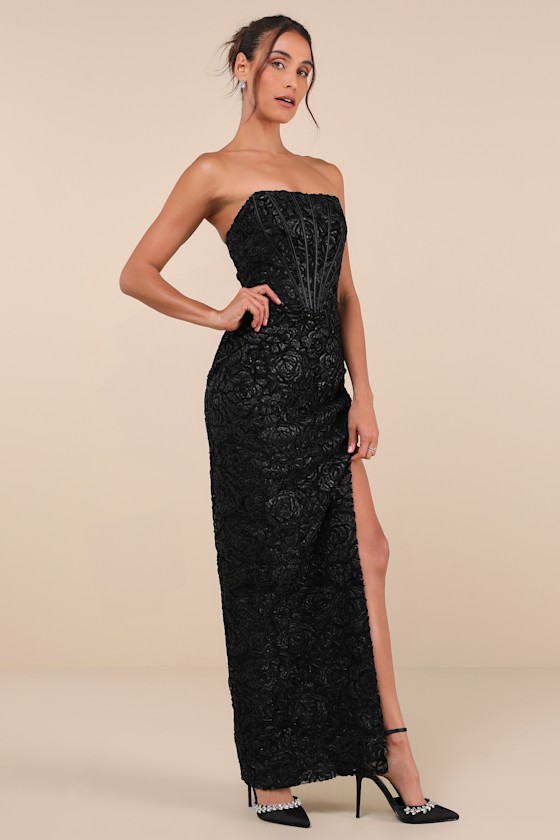 Lulus Stately Aura Black Mesh Velvet Strapless Bustier Maxi Dress ...