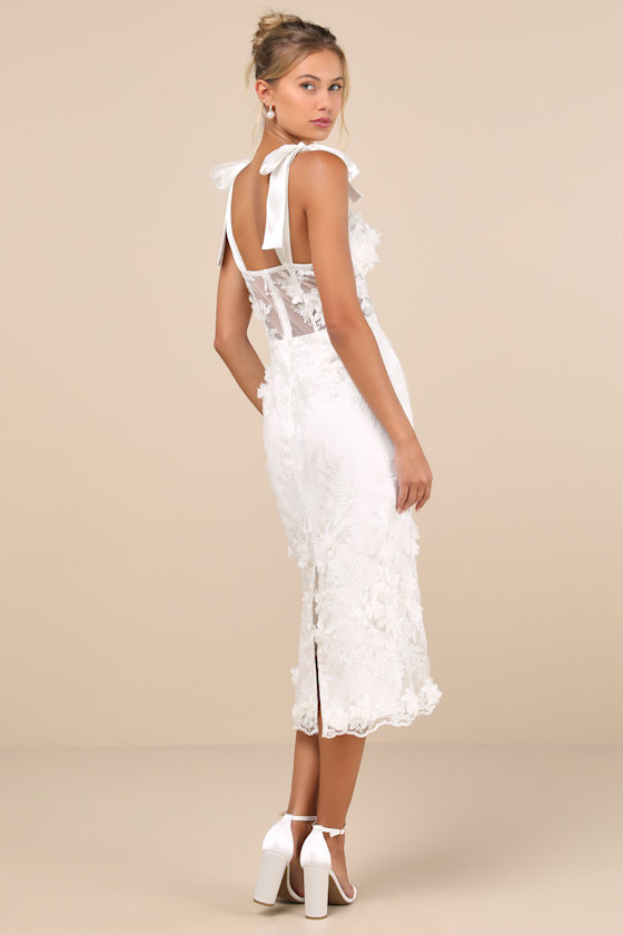 White 3D Floral Dress - Sheer Bustier Dress - White Midi White 3D Floral Dress - Sheer Bustier Dress - White Midi