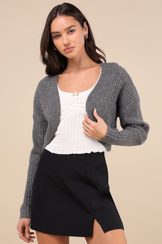 Grey Heathered Cardi - Ribbed Knit Shrug - Shrug Cardigan - Lulus