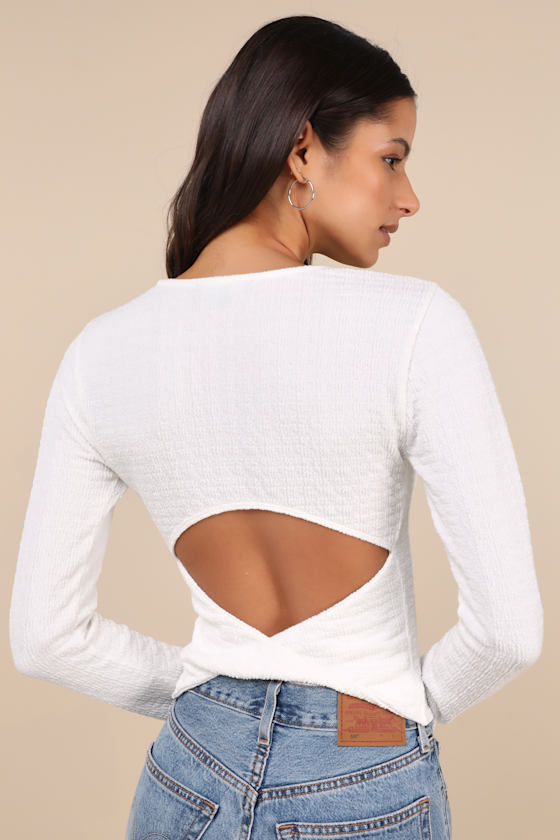 White Textured Top - Long Sleeve Twist-Back Top - Cutout Top - Lulus