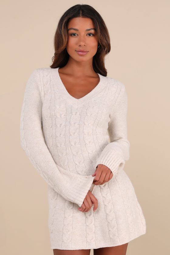 Beige Cable Knit Dress - Long Sleeve Dress - Sweater Mini Dress - Lulus