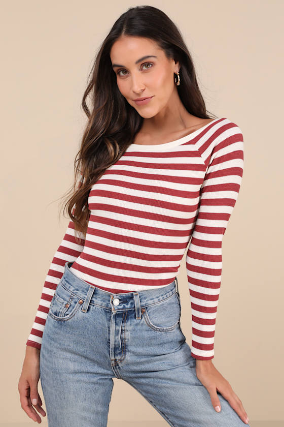 Ivory and Red Striped Top - Long Sleeve Top - Thermal Top - Top - Lulus