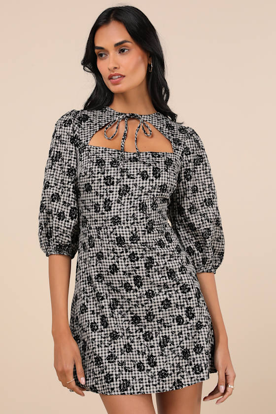 Black Gingham Dress - Floral Jacquard Dress - Tie-Neck Mini Dress - Lulus