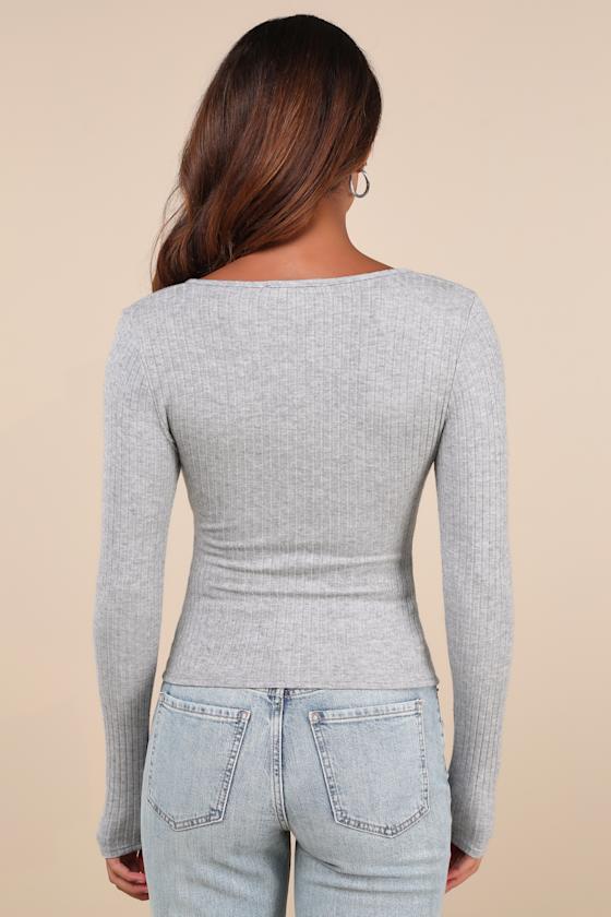 Heather Grey Henley Top - Ribbed Top - Long Sleeve V-Neck Top - Lulus