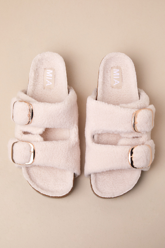 MIA Qianna - Natural Shearling Slide Sandals - Buckle Slides - Lulus