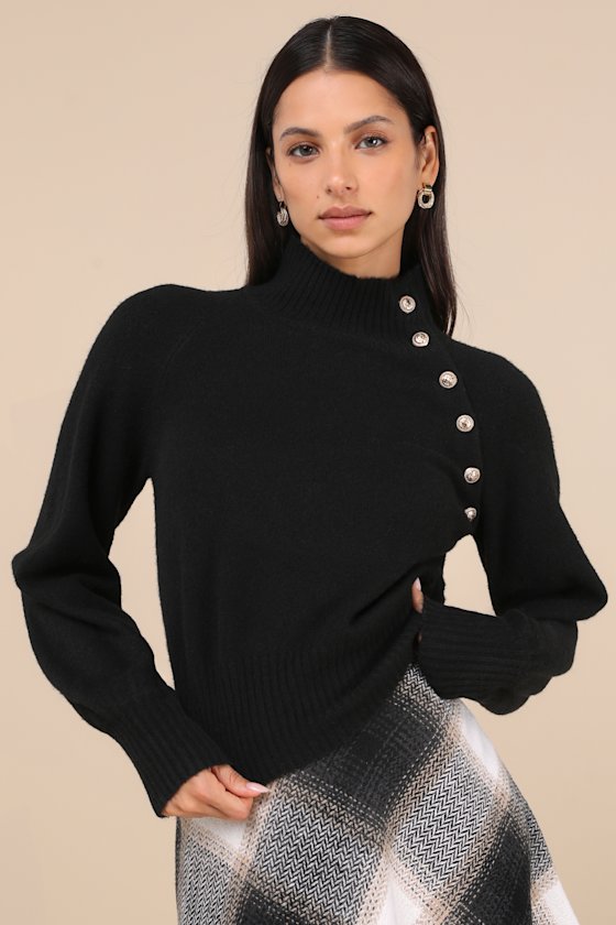 Black Mock Neck Sweater - Button-Front Sweater - Sweater Top - Lulus